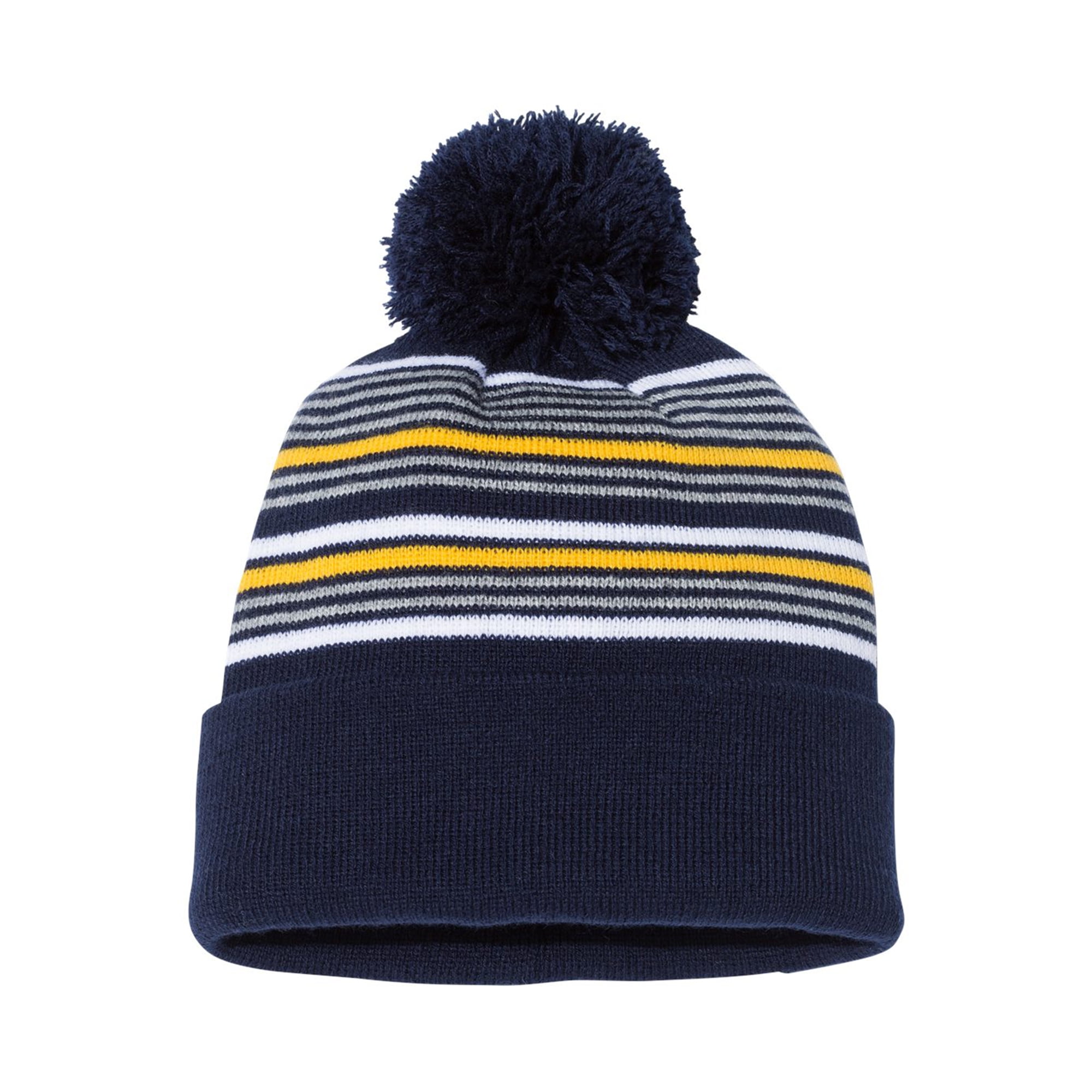 Sportsman Unisex 12" Striped Pom-Pom Cuffed Beanie Hat Fleece Lined for ...