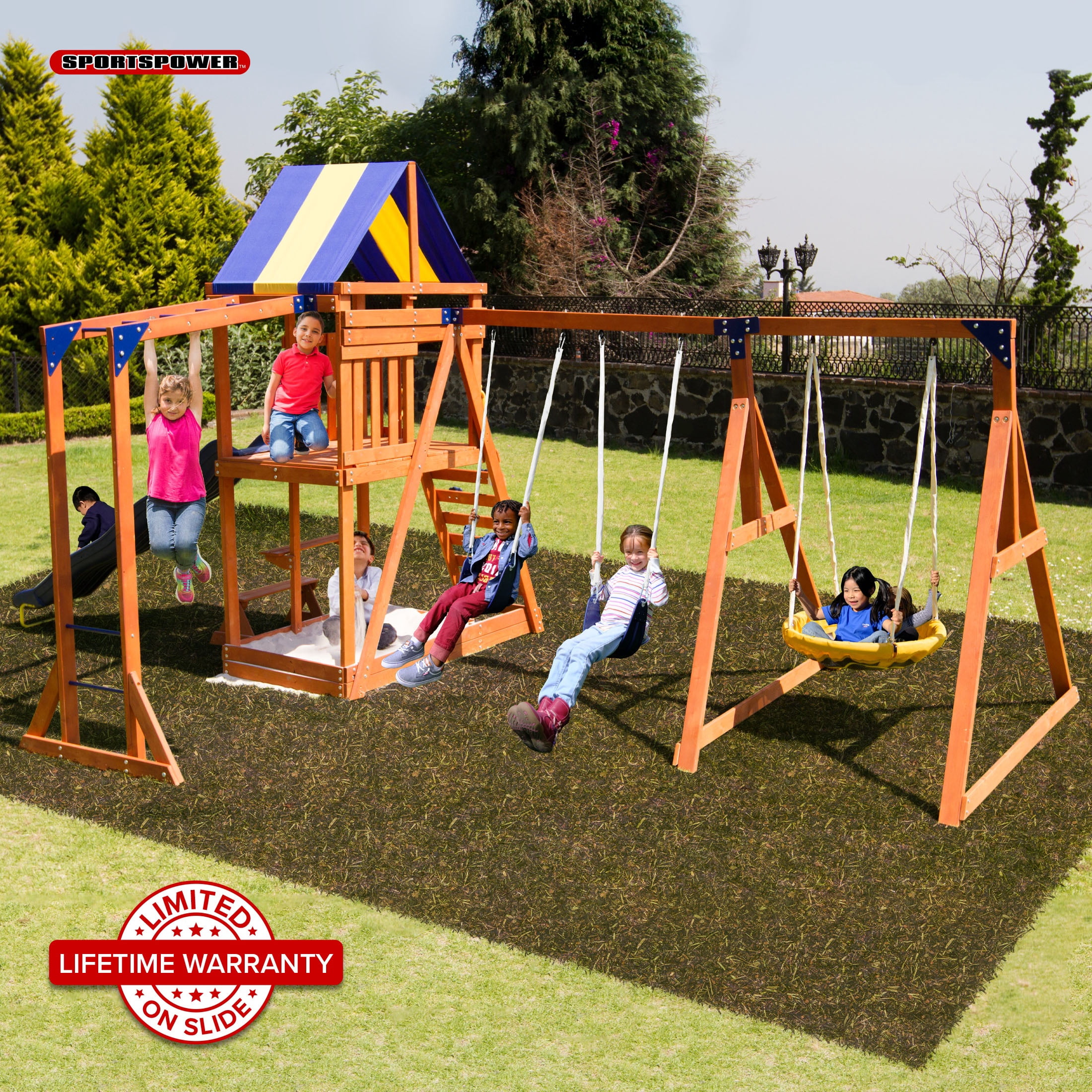 Sportspower Wooden Grand Mesa Swing Set with Slide, Fort, and Climbing ...