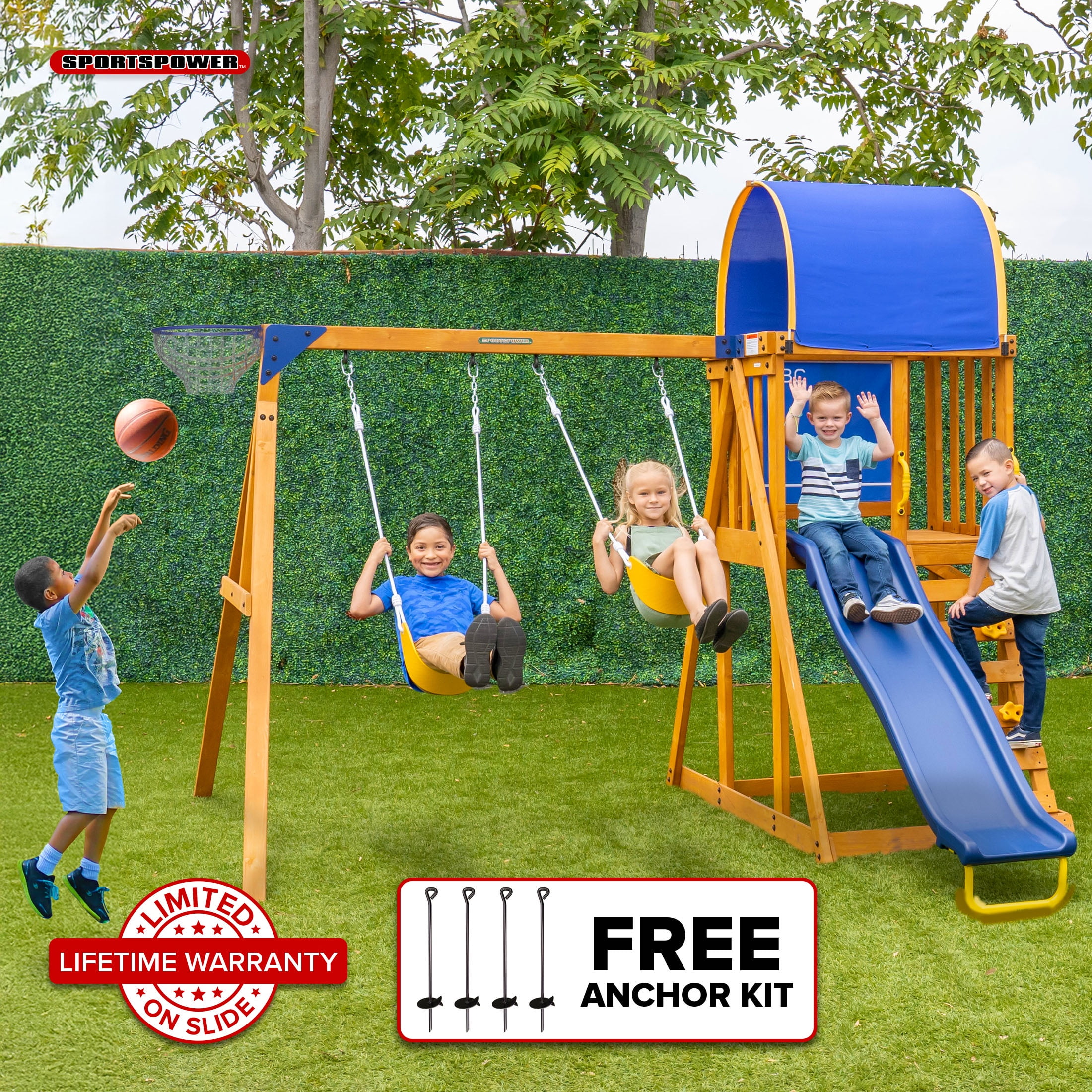 Sportspower Addison Hoop-n-Swing Wooden Swing Set with Basketball Hoop ...