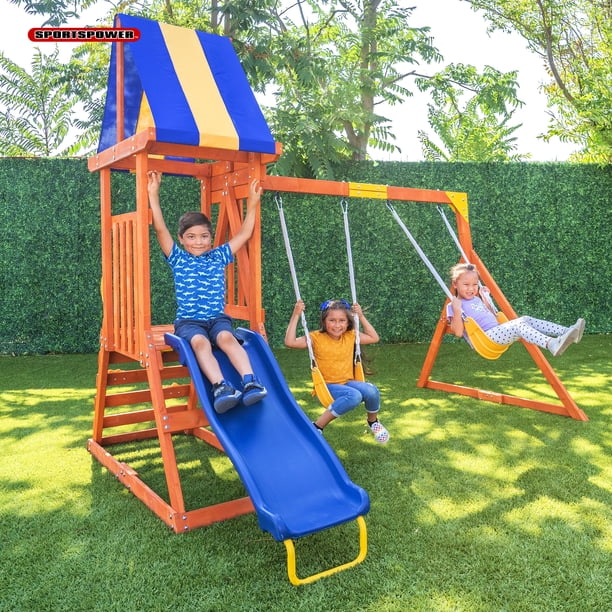 Sportspower My First Wood Swing Set with 2 Swings, Rock Climber & 6 ...