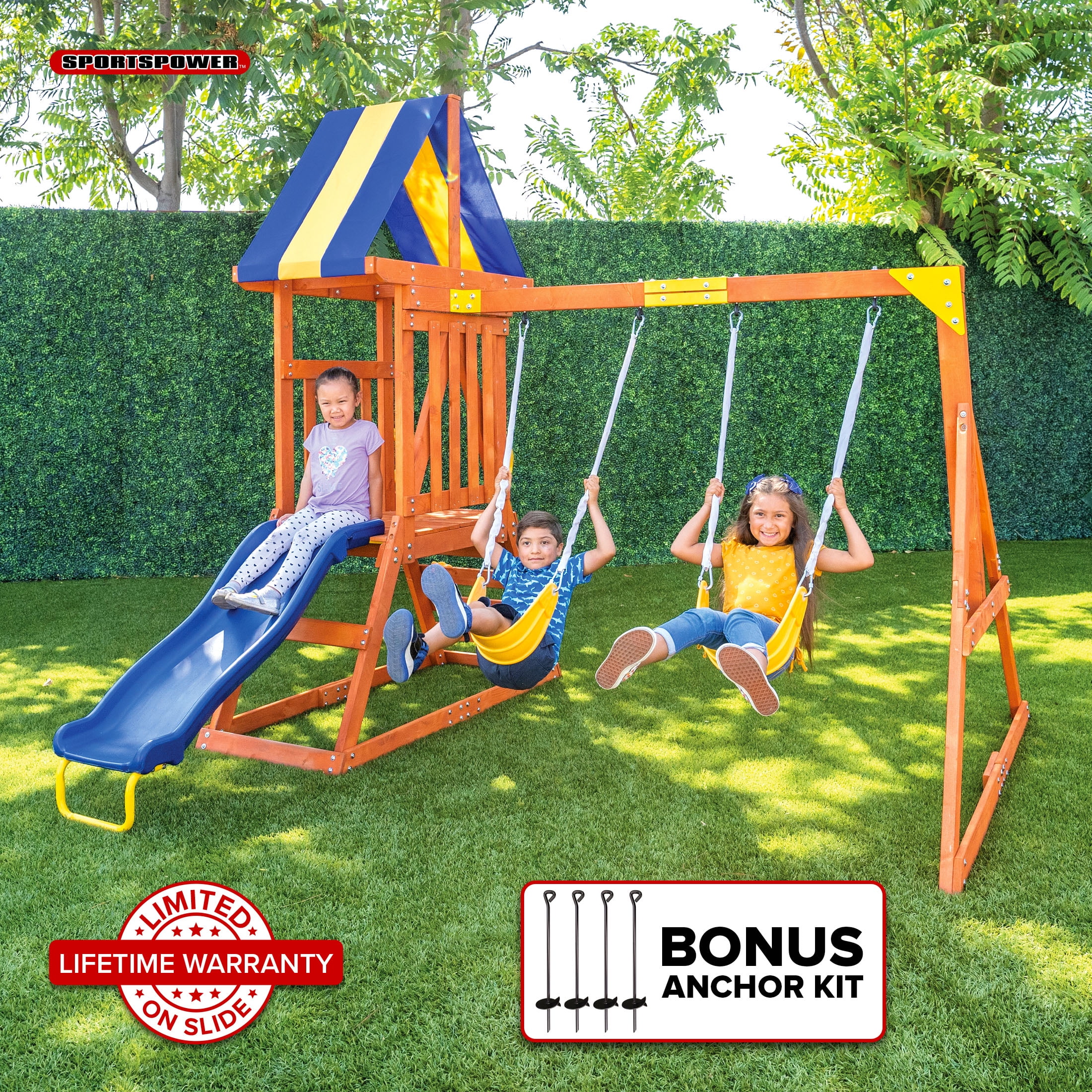 Sportspower My First Wood Swing Set with 2 Swings, Rock Climber & 6 ...