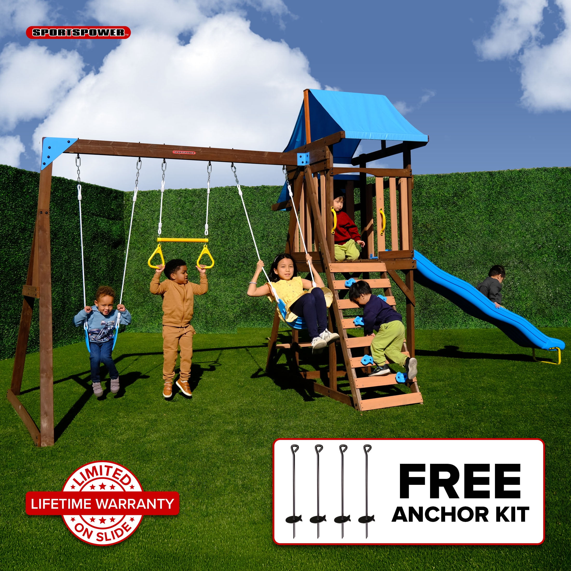 Sportspower Rosemont Wooden Swing Set with 2 Swings, Trapeze, Play Fort ...