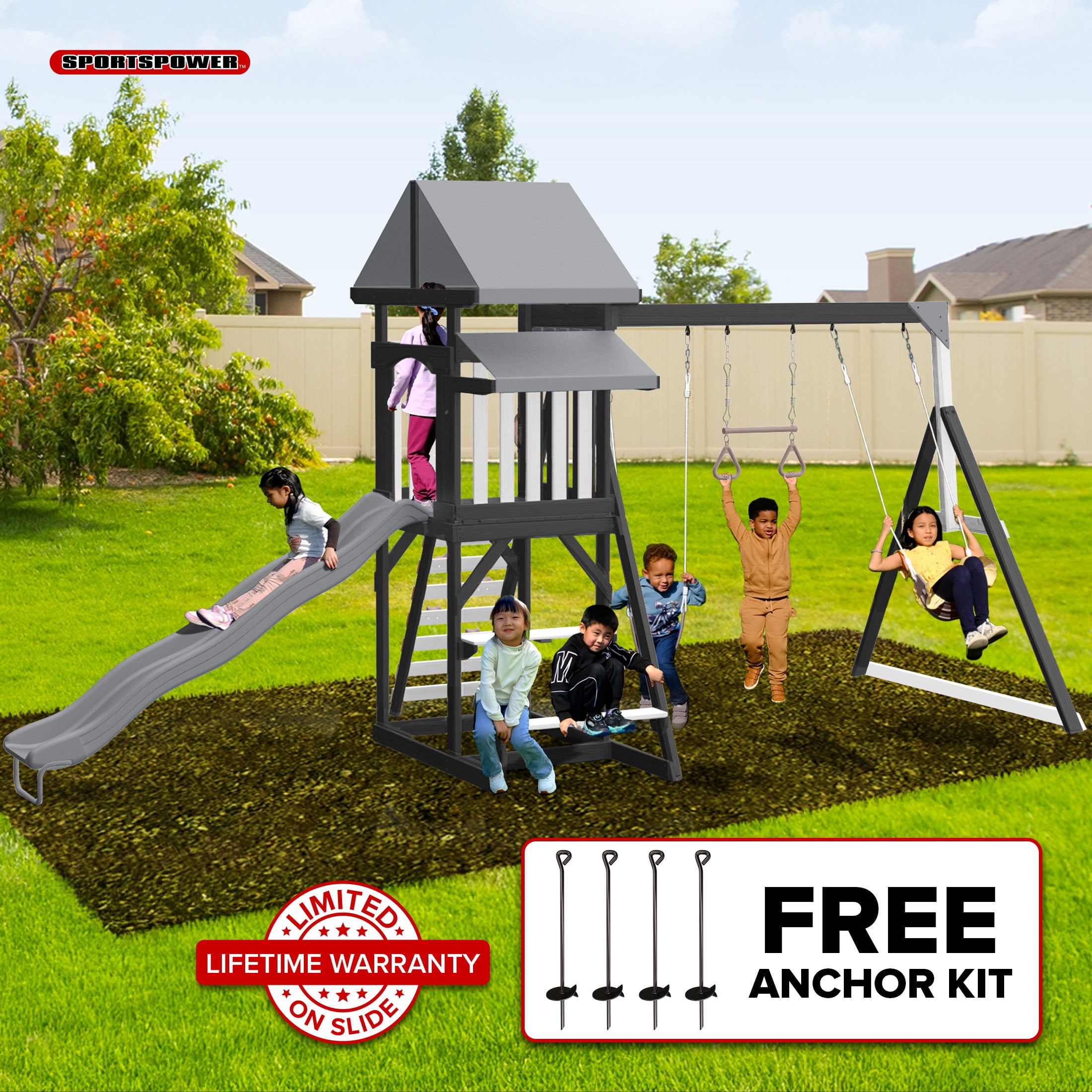 Sportspower Roswell Wooden Swing Set with 2 Swings, Trapeze, Play Fort ...