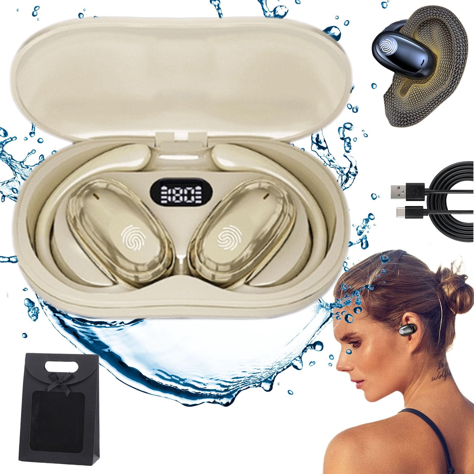 Sporty Hanging Ear Bluetooth Earphones, 2024 Open Ear Bluetooth 5.4 ...