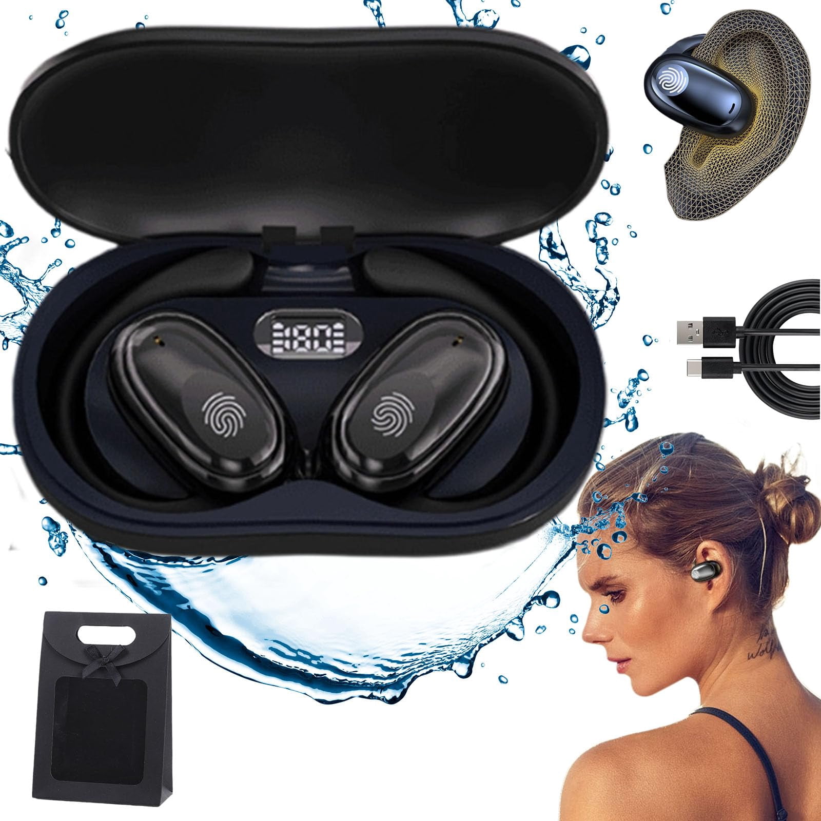 Sporty Hanging Ear Bluetooth Earphones, 2024 Open Ear Bluetooth 5.4 ...