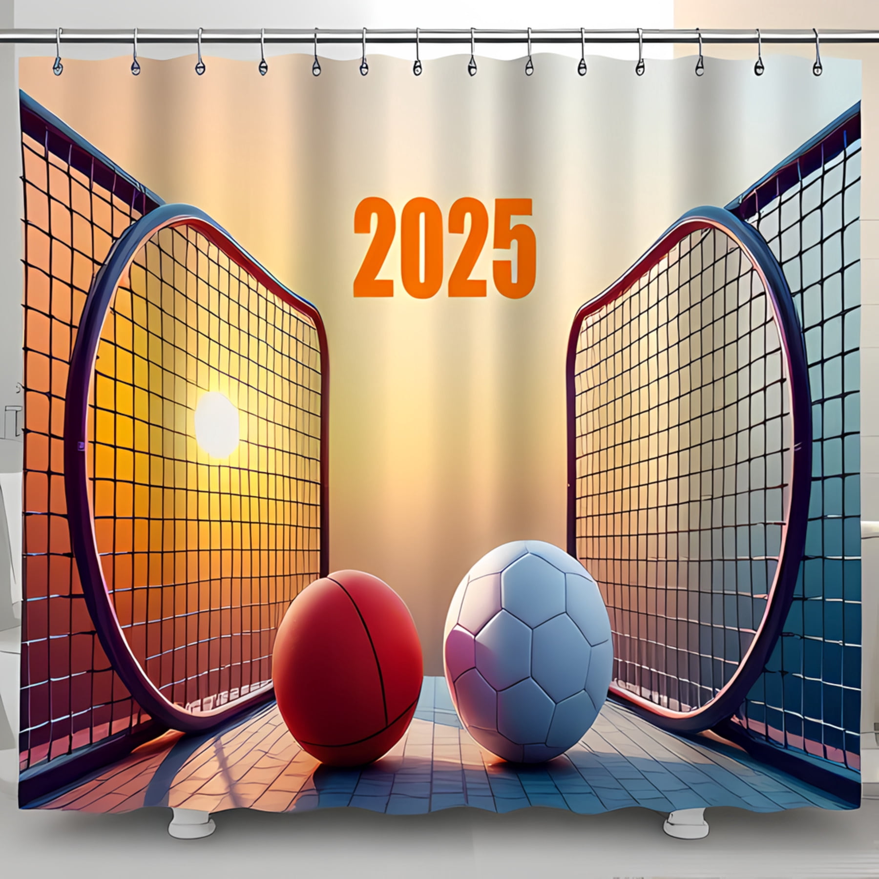Sporty Shower Curtain with Basketball & Soccer Ball Design 2025 Theme ...