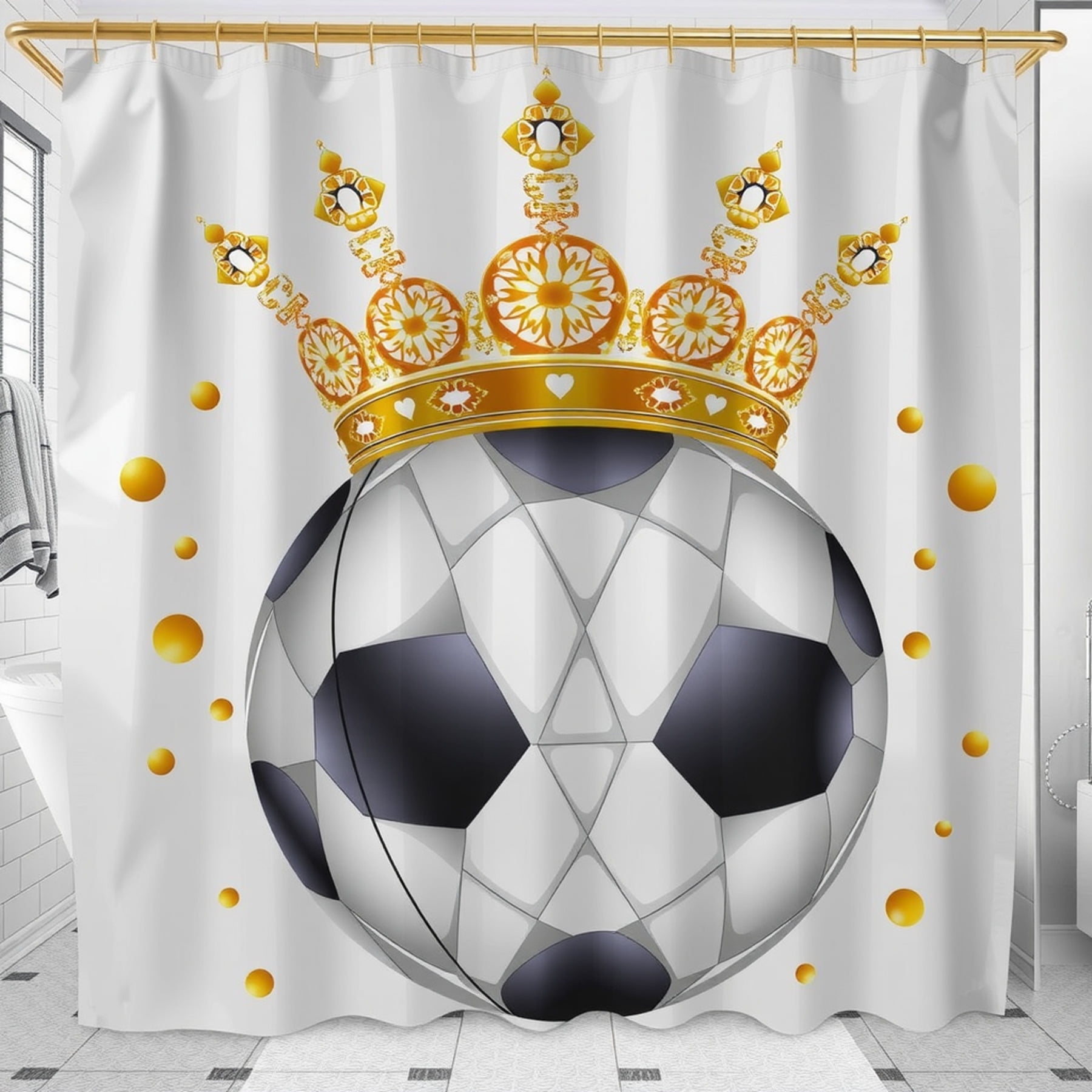 Sporty Soccer Ball Shower Curtain with Golden Crown - Fun Bathroom ...
