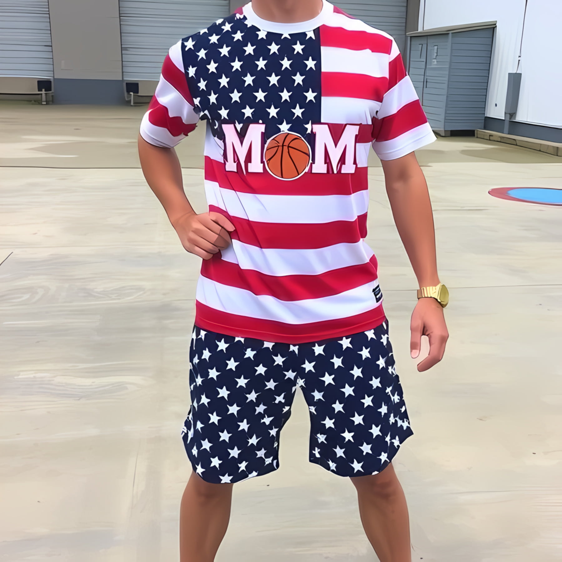 Sporty T-Shirt & Shorts Set - Red & White Stripes with 'MOM ...