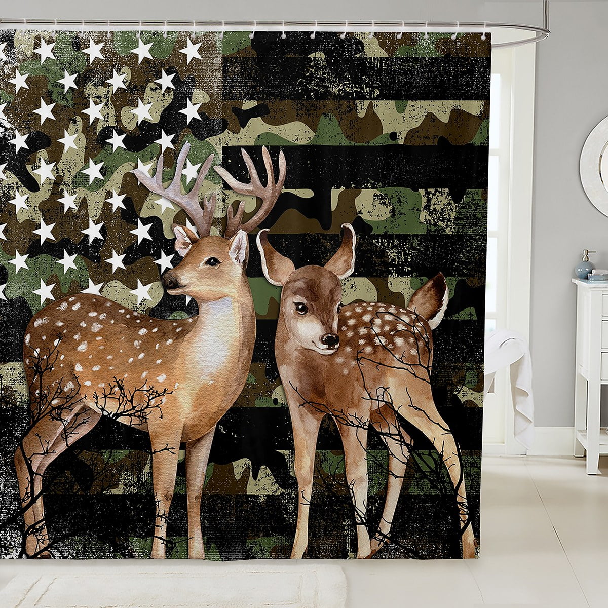 Spotted Deer Bath Curtain Sika Deer American Flag Army Green Camouflage ...