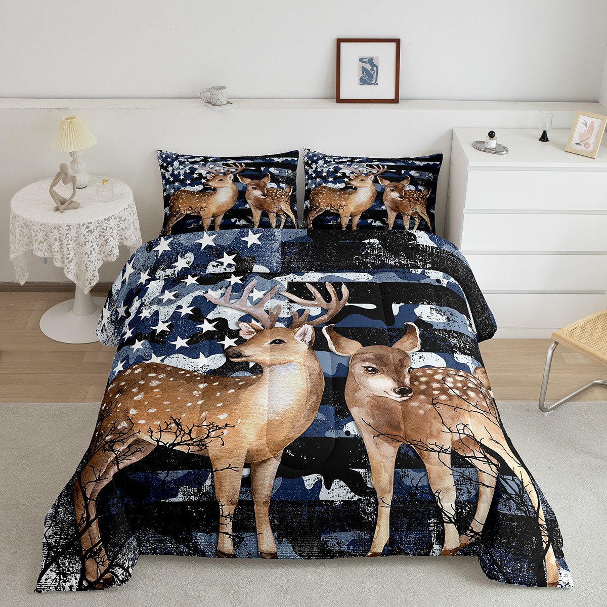 Spotted Deer Bedding Set Sika Deer American Flag Quilt,Navy Blue ...