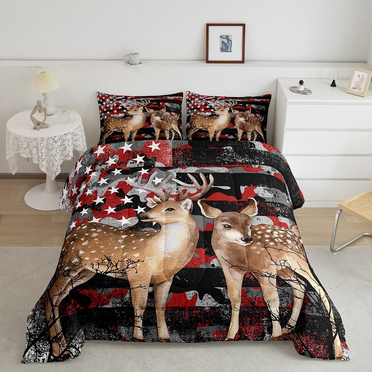 Spotted Deer Bedding Set Sika Deer American Flag Quilt,Red Camouflage ...