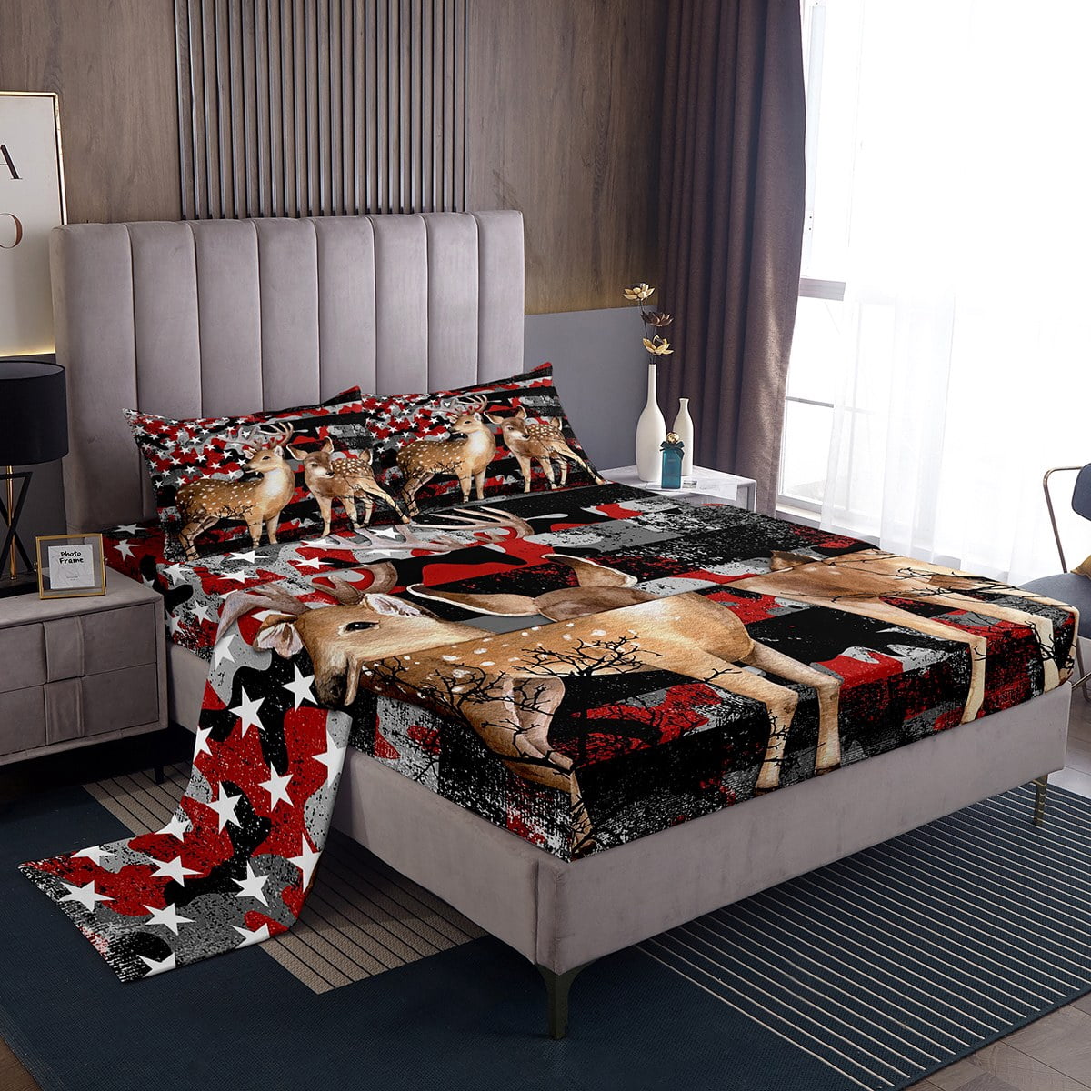 Spotted Deer Sheet Set Sika Deer American Flag Flat Fitted Sheet,Red ...