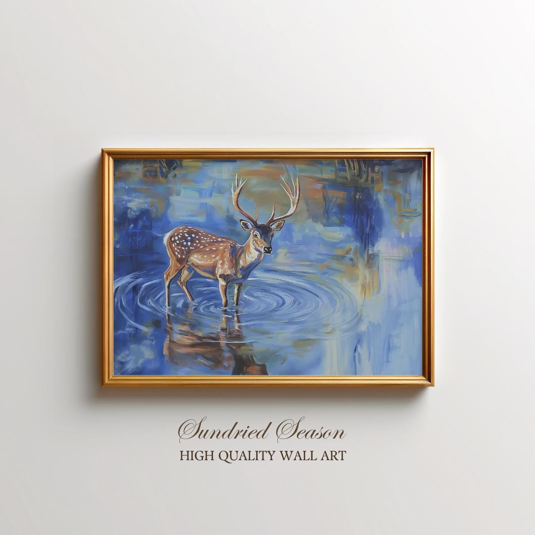 Spotted Deer In Water Art Print, Tranquil Blue Wildlife , Serene Forest ...