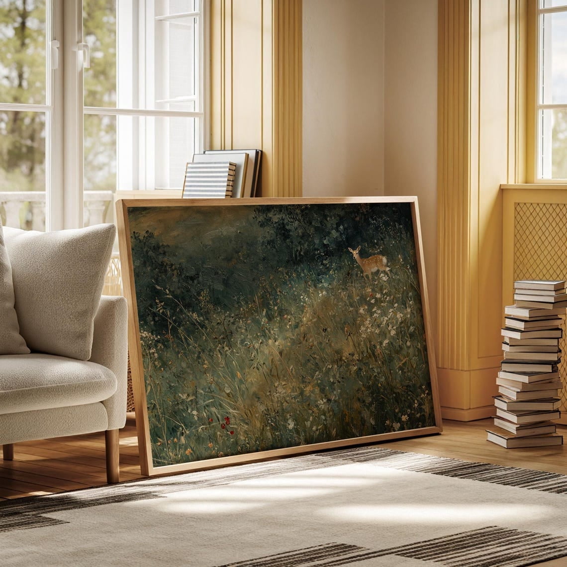 Spotted Fawn In Wild Meadow Vintage Woodland Deer Painting With Flowers ...