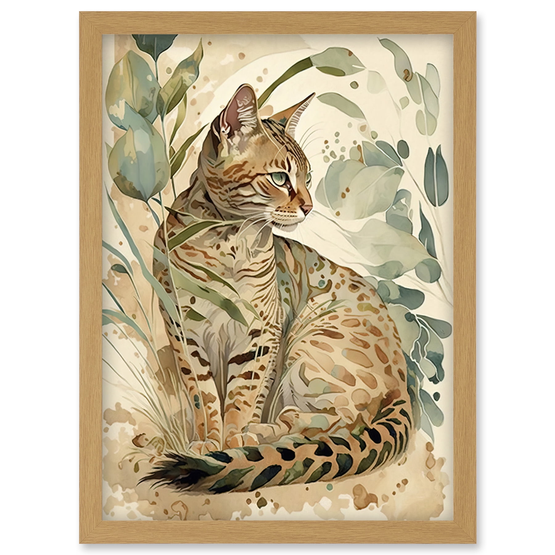 Spotted Fur Coat Bengal Cat in Nature Pastel Watercolour Illustration ...