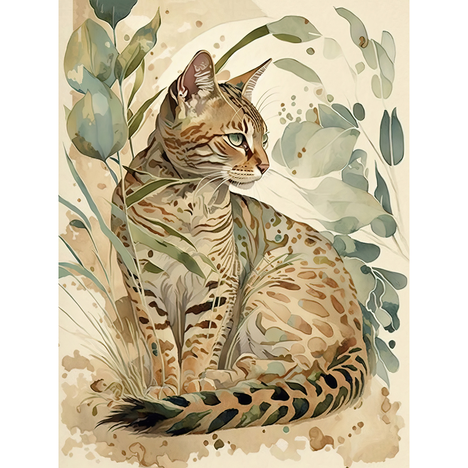 Spotted Fur Coat Bengal Cat in Nature Pastel Watercolour Illustration ...