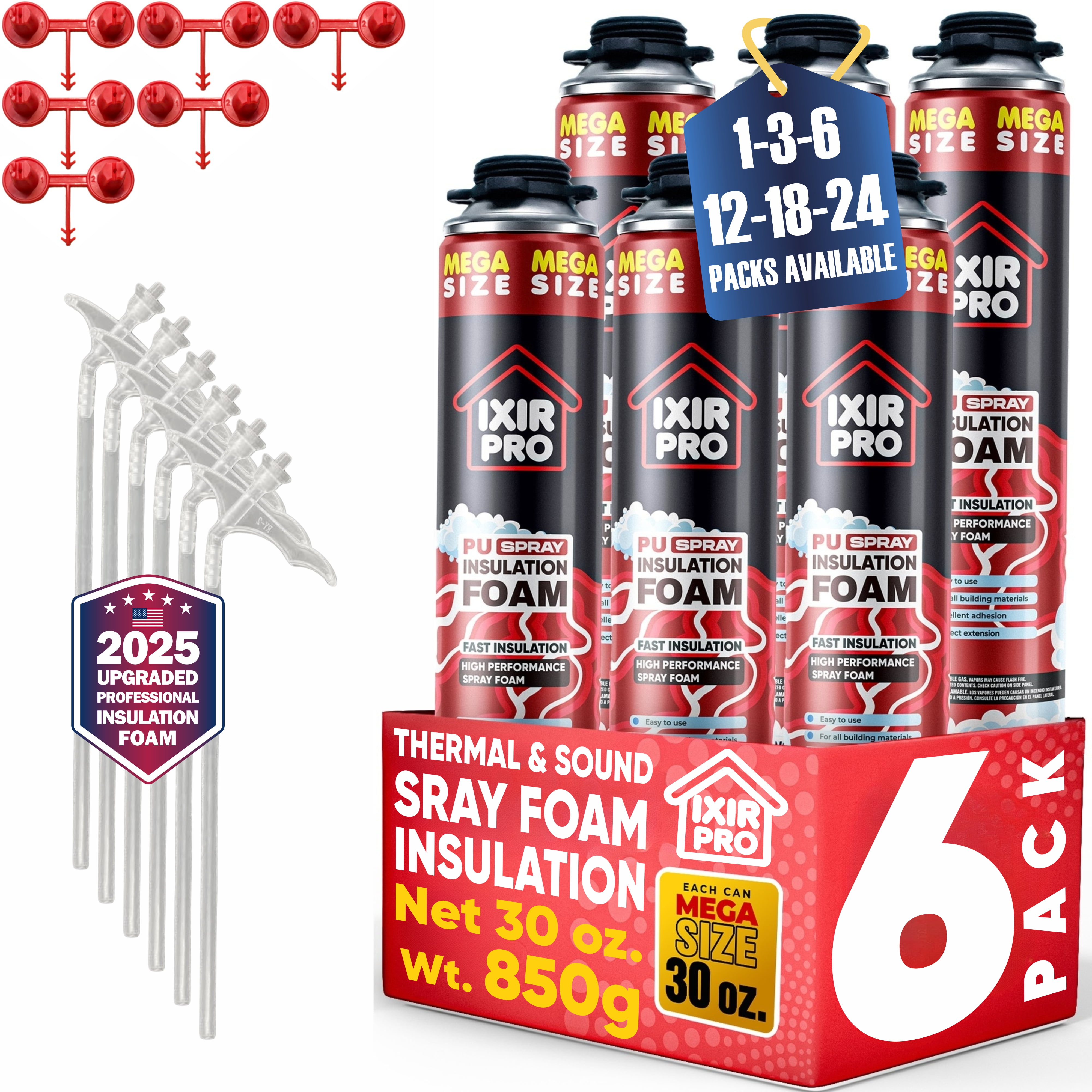 Spray Foam Insulation Can (6 x 30 oz. / 850 g) Expanding Sealant, Mega ...