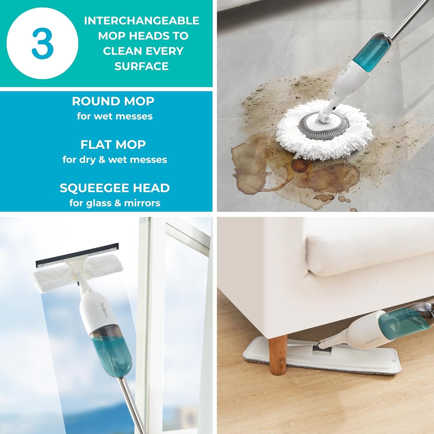 Spray Mop Kit with 3-in-1 Heads, Reusable Mop Pads, for Floors, Windows ...