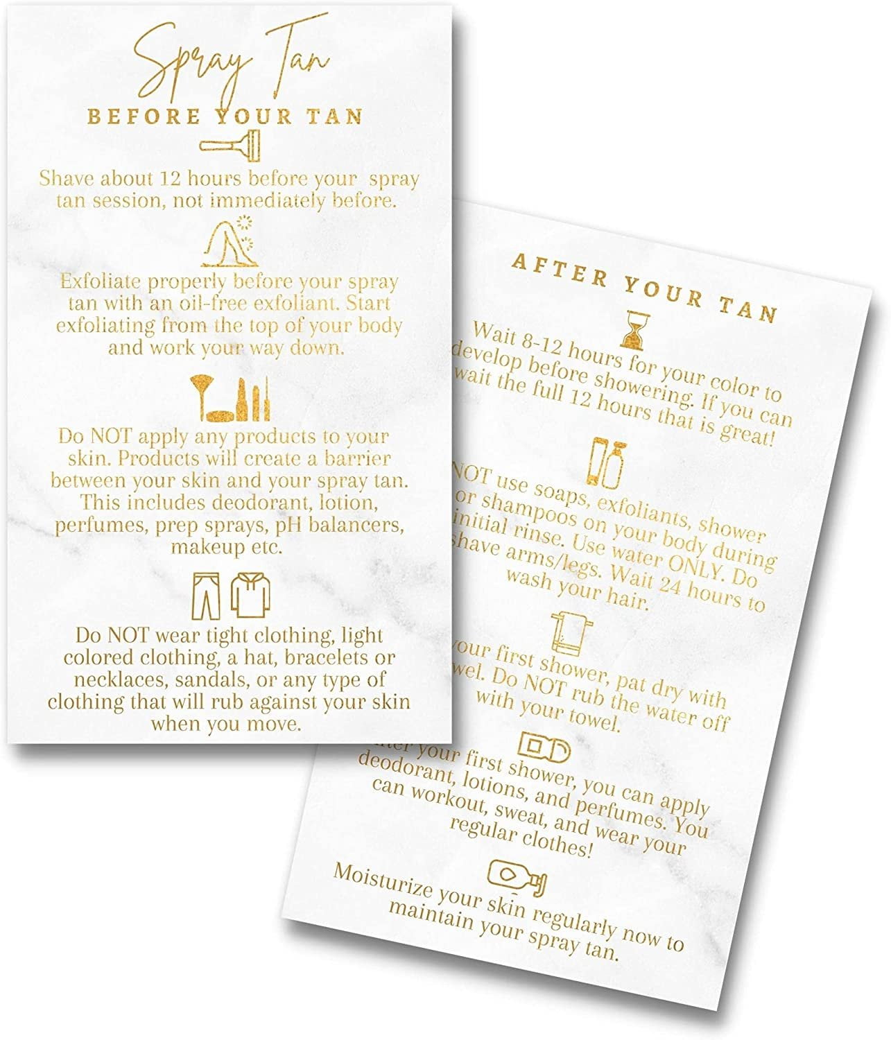 Spray Tanning Pre and Post Tan Instruction Cards Physical Printed 2x3.5 ...