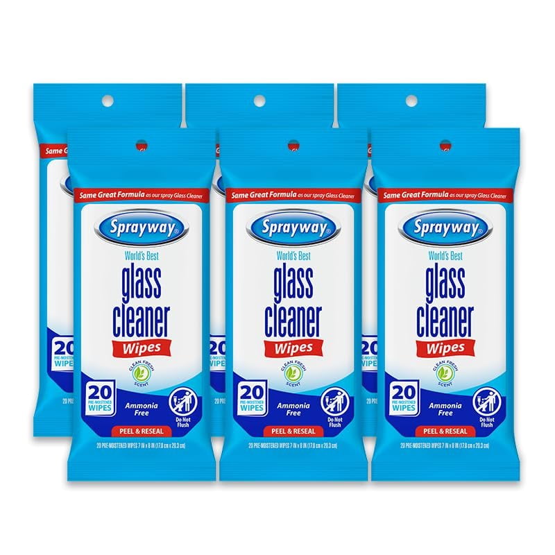 Sprayway Glass Cleaner Wipes, 20ct, Pack of 6 On-the-Go Resealable ...