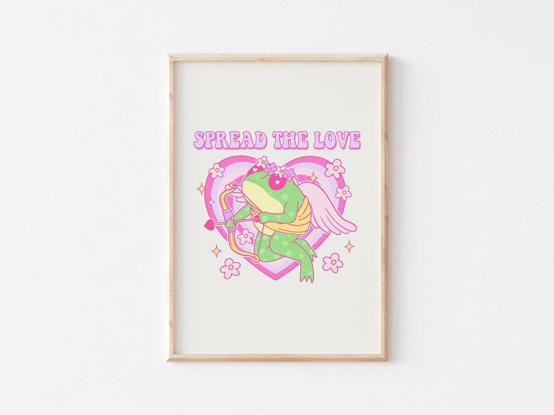 Spread The Love Poster, Valentine Frog Cupid, Retro Valentines Art ...