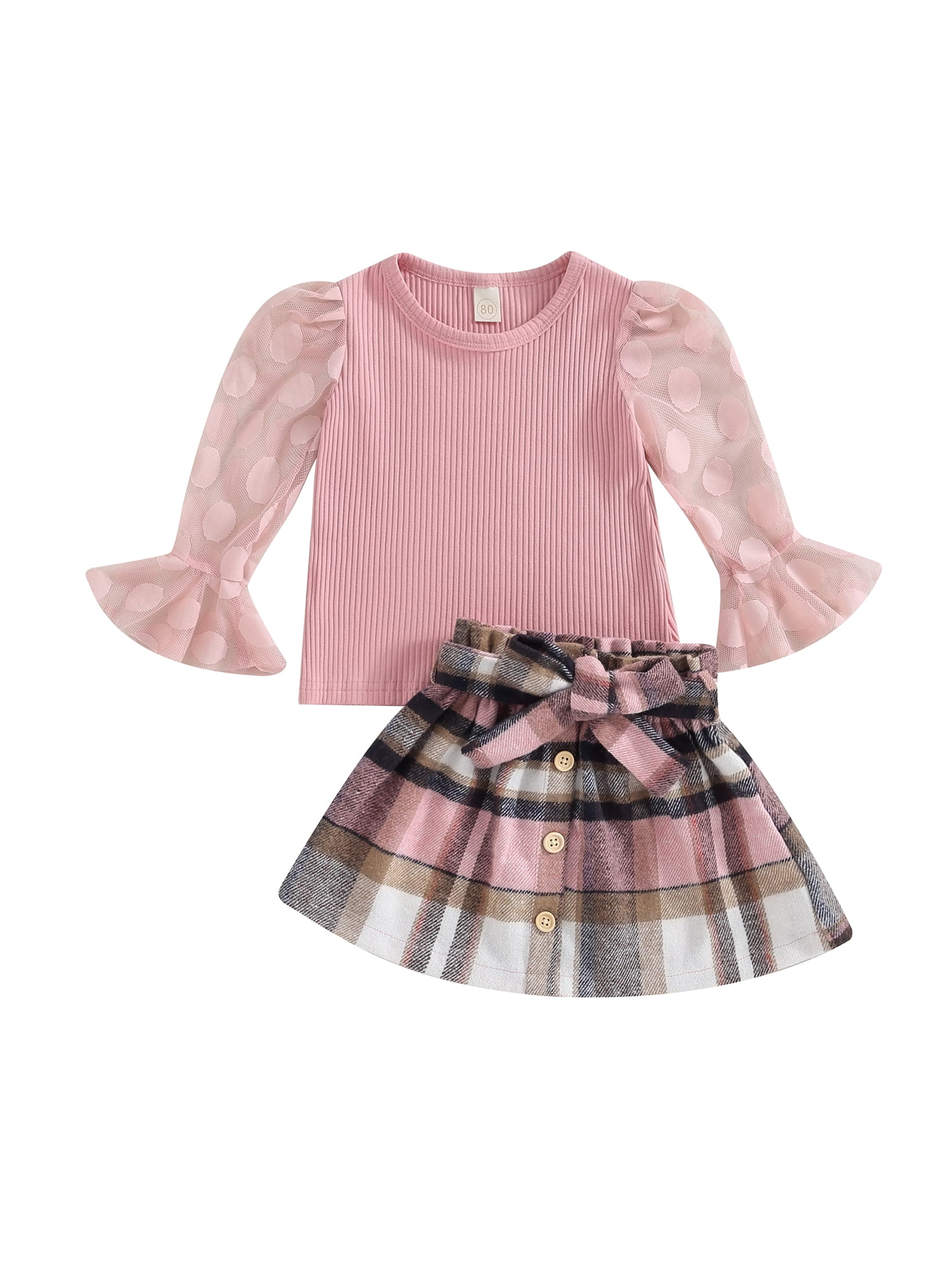 Sprifallbaby 1-5Y Kids Girl Crew Neck Dot Mesh Flare Long Sleeve Tops ...