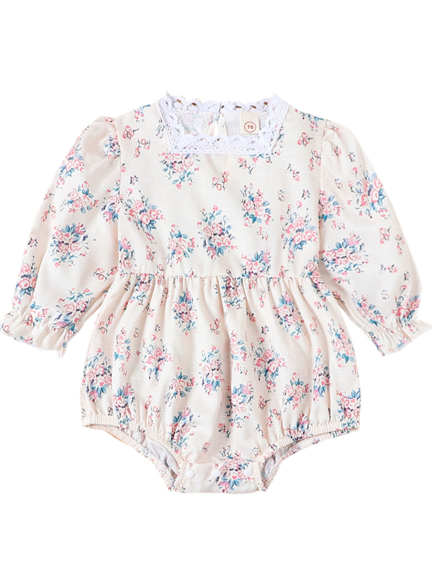 Sprifallbaby Baby Girl Bubble Rompers, Long Puff Sleeve Lace Trim Floral Print Bodysuits ...