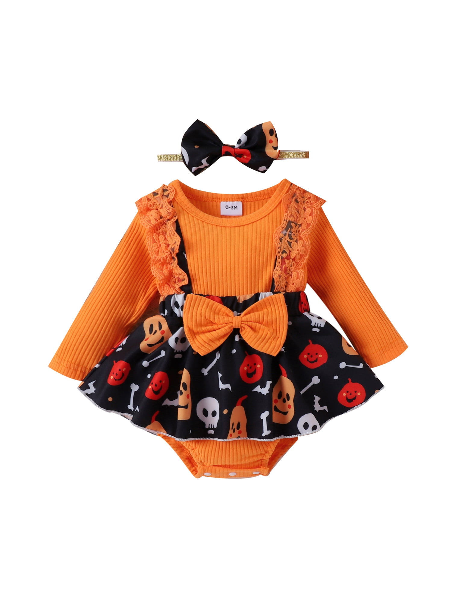 Sprifallbaby Baby Girls Halloween Romper Dress Long Sleeve Pumpkin Ghost Skull Print Romper with ...