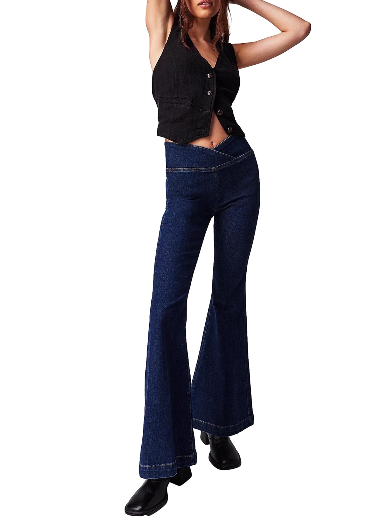 Sprifallbaby Women Solid Color High Waist Flare Jeans Stretch Denim ...