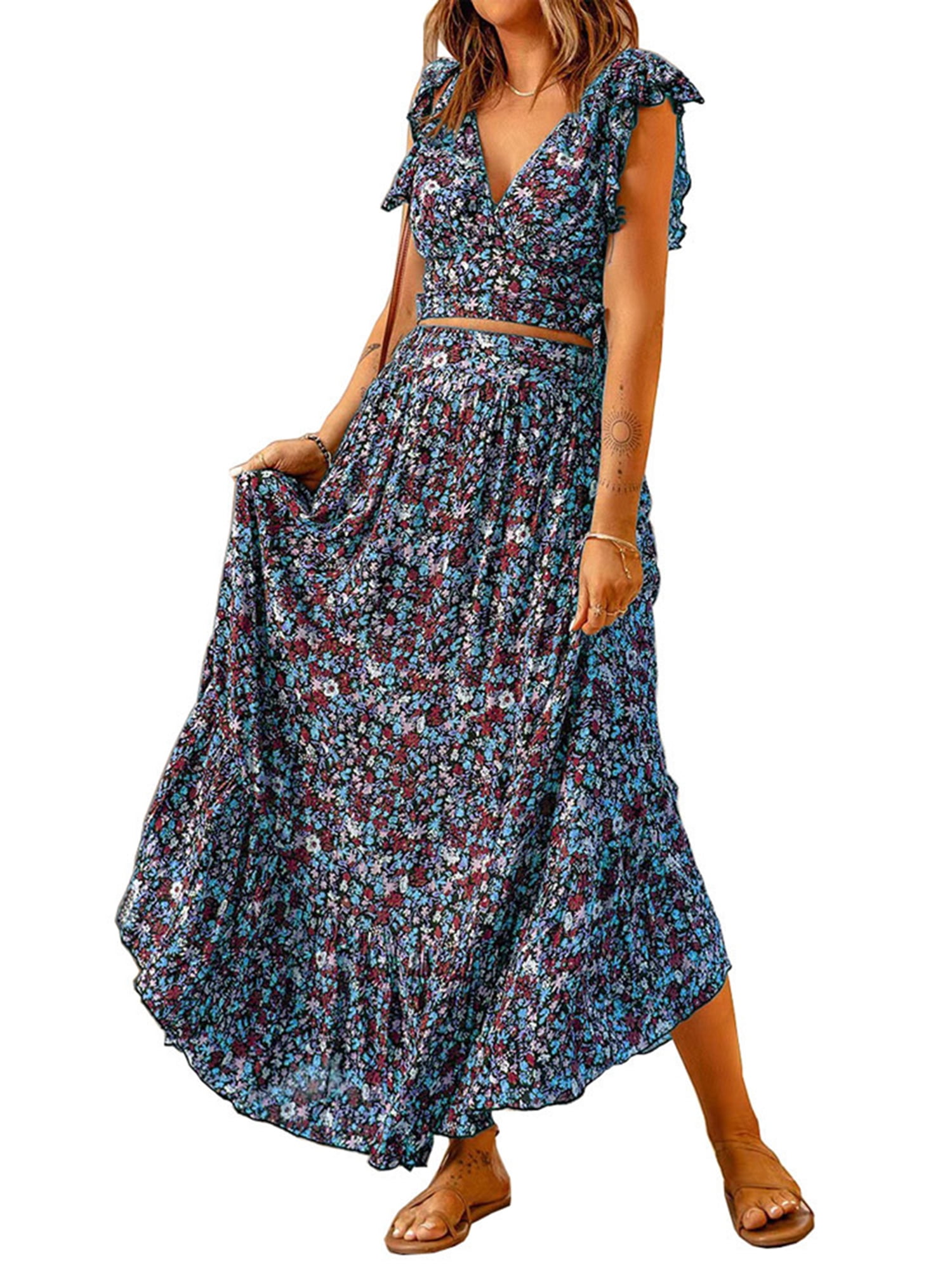 Sprifallbaby Women's Summer Causal Outfits Ruffle Sleeve V Neck Crop ...