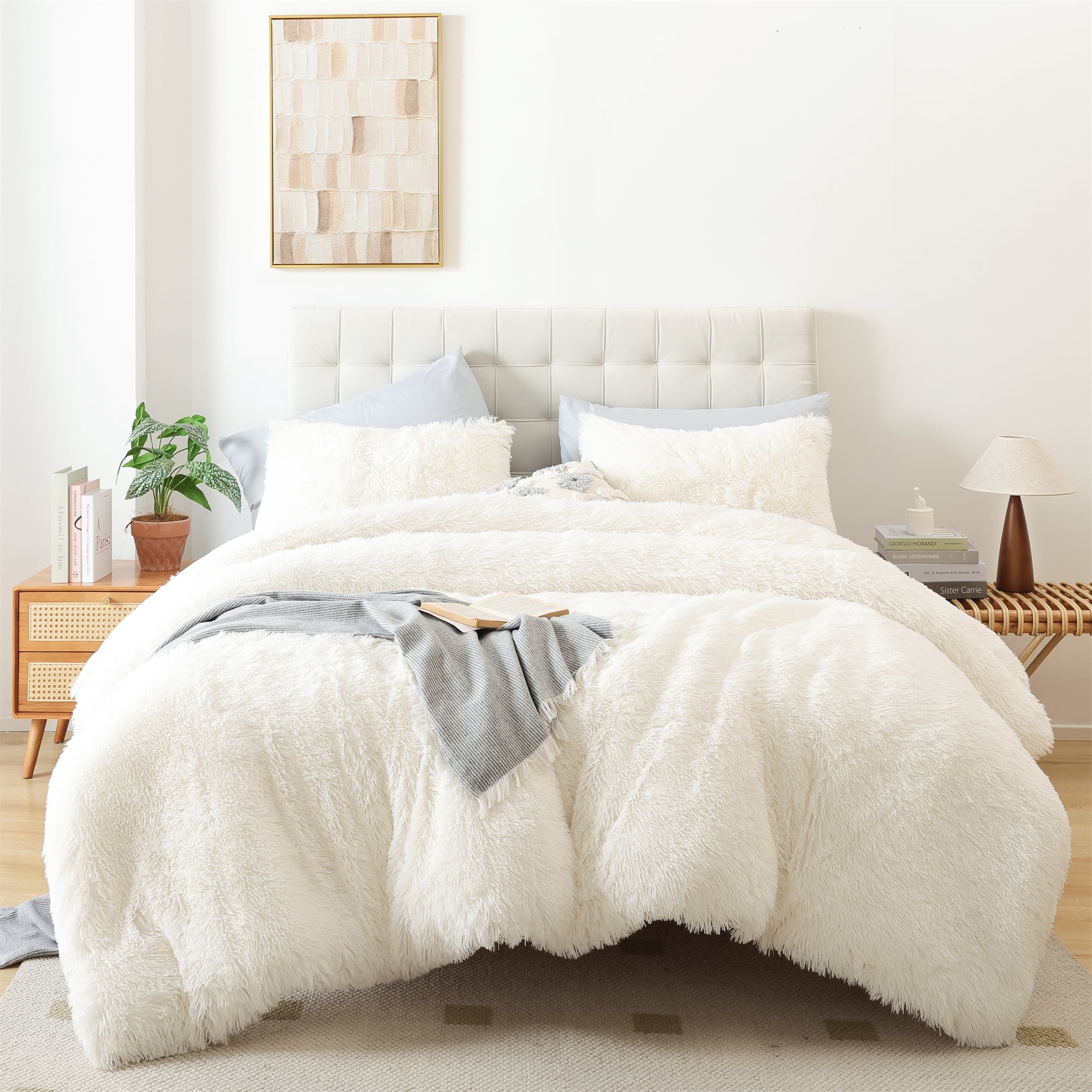 Sprinday 3-Piece Shaggy Plush Duvet Cover Set，King Size Beige Fuzzy ...