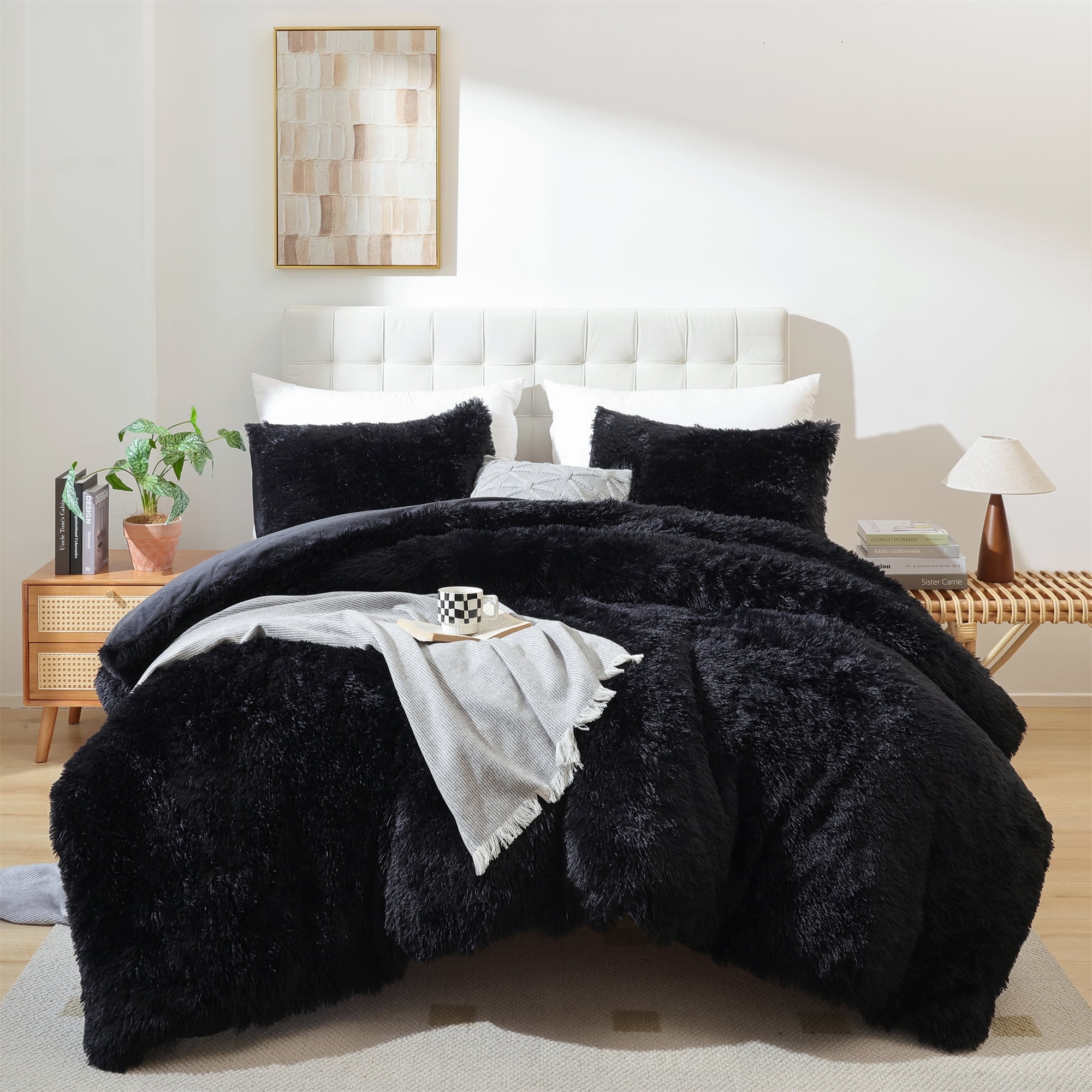 Sprinday 3-Piece Shaggy Plush Duvet Cover Set，King Size Black Fuzzy ...