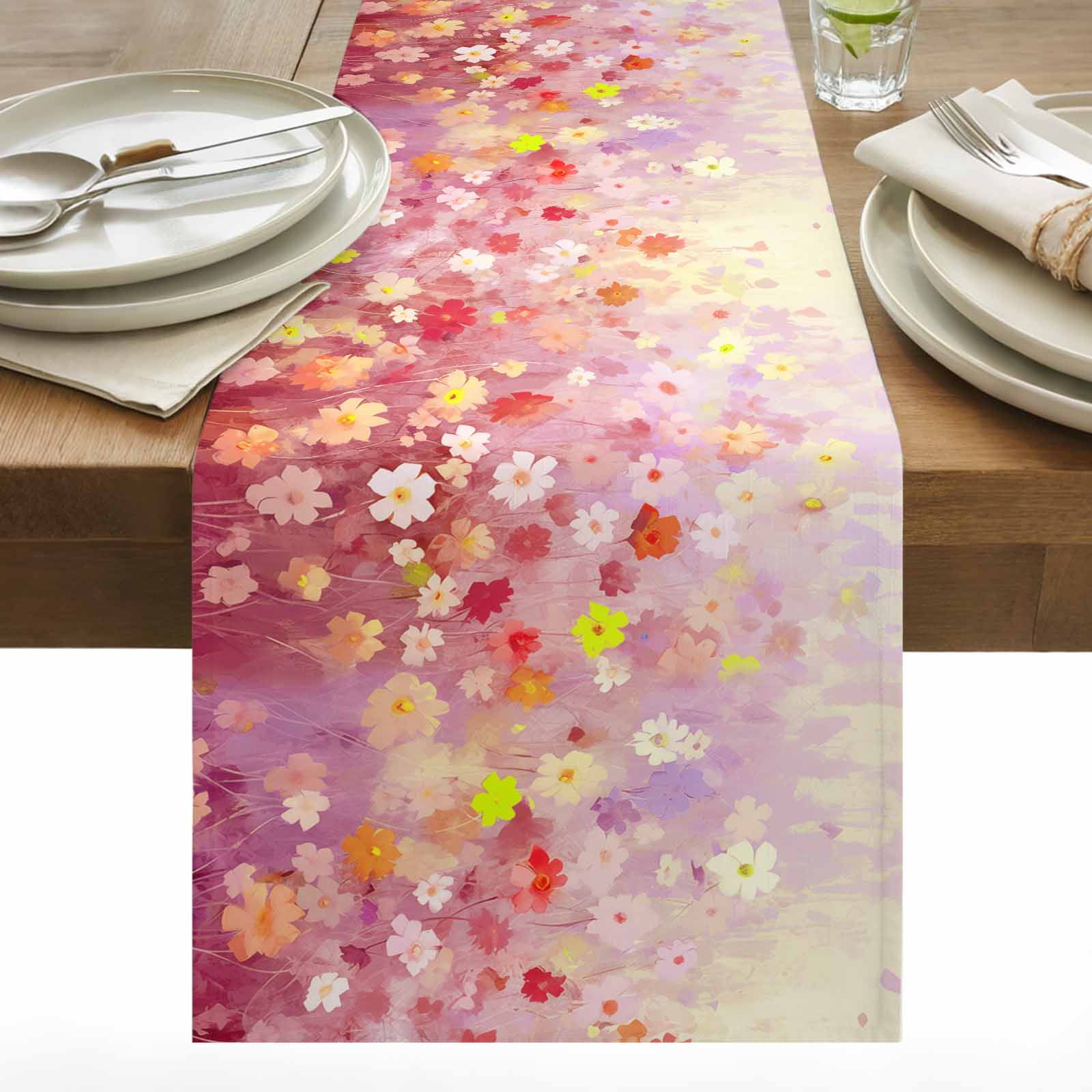 Spring Abstract Cotton Linen Table Runner Watercolor Pink Flowers Oil ...