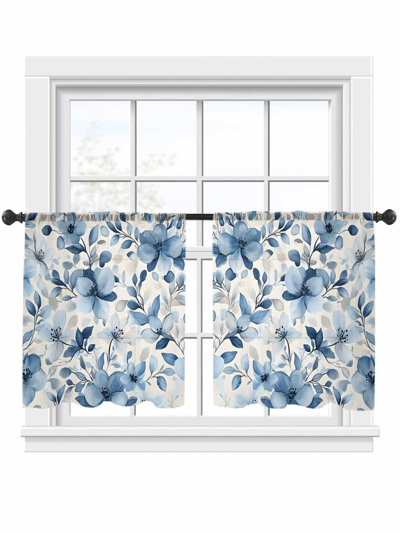 Spring Abstract Flower Sheer Curtains 2 Panels Set Blue Flowers ...