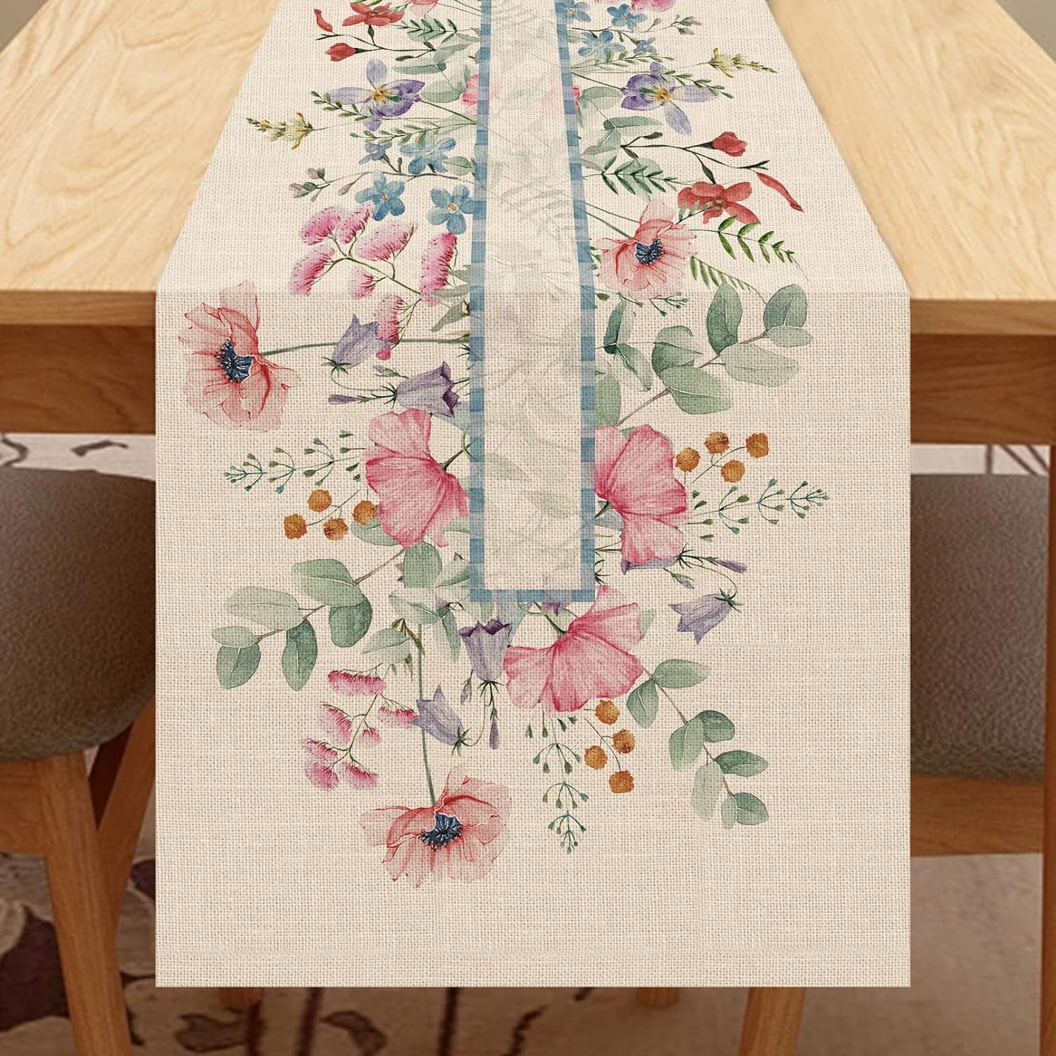 Spring Anem Flower Eucalyptus Linen Table Runners Summer Watercolor ...