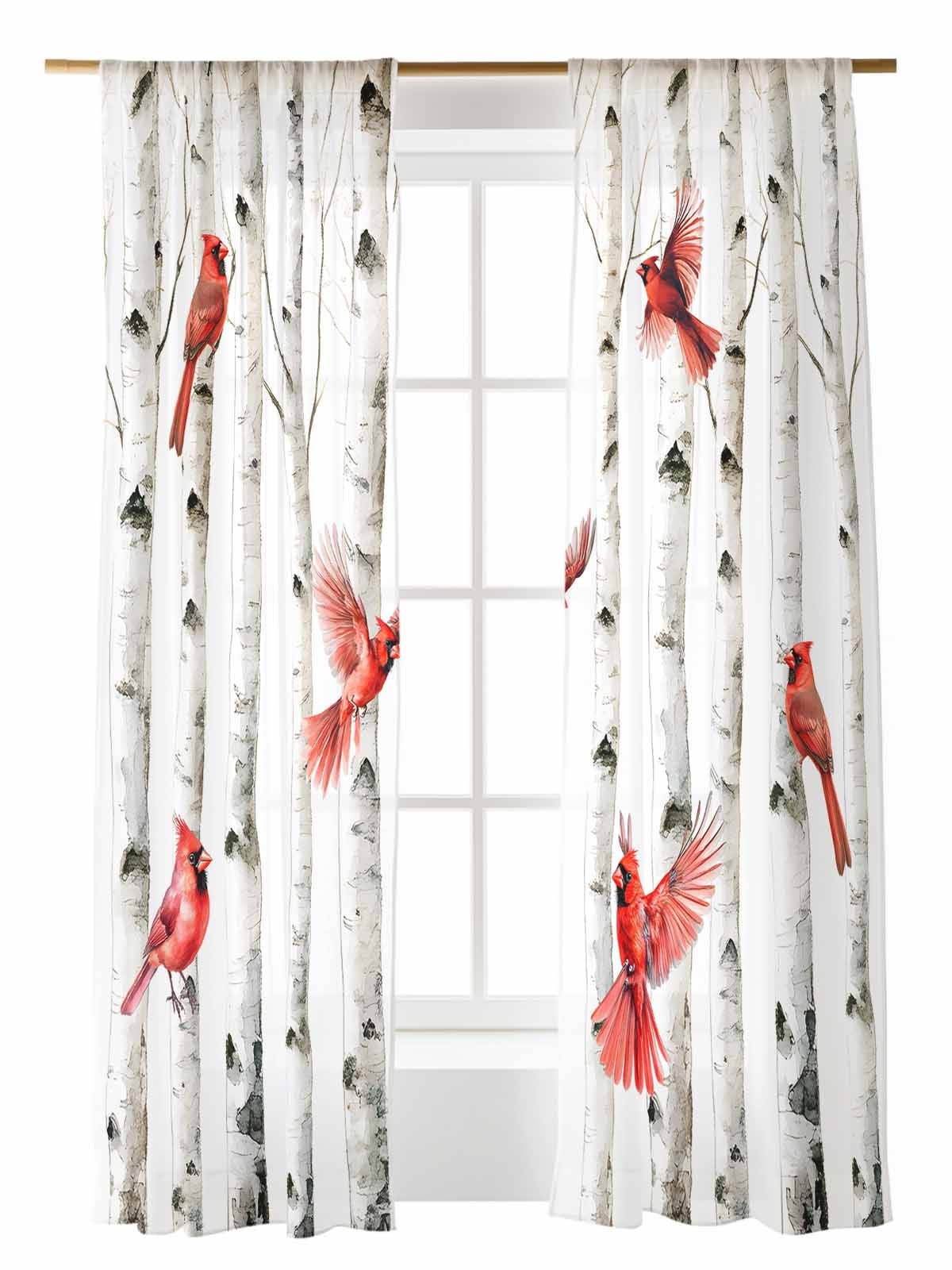 Spring Animal Sheer Curtains 2 Panels Set Country Red Bird White Tree ...