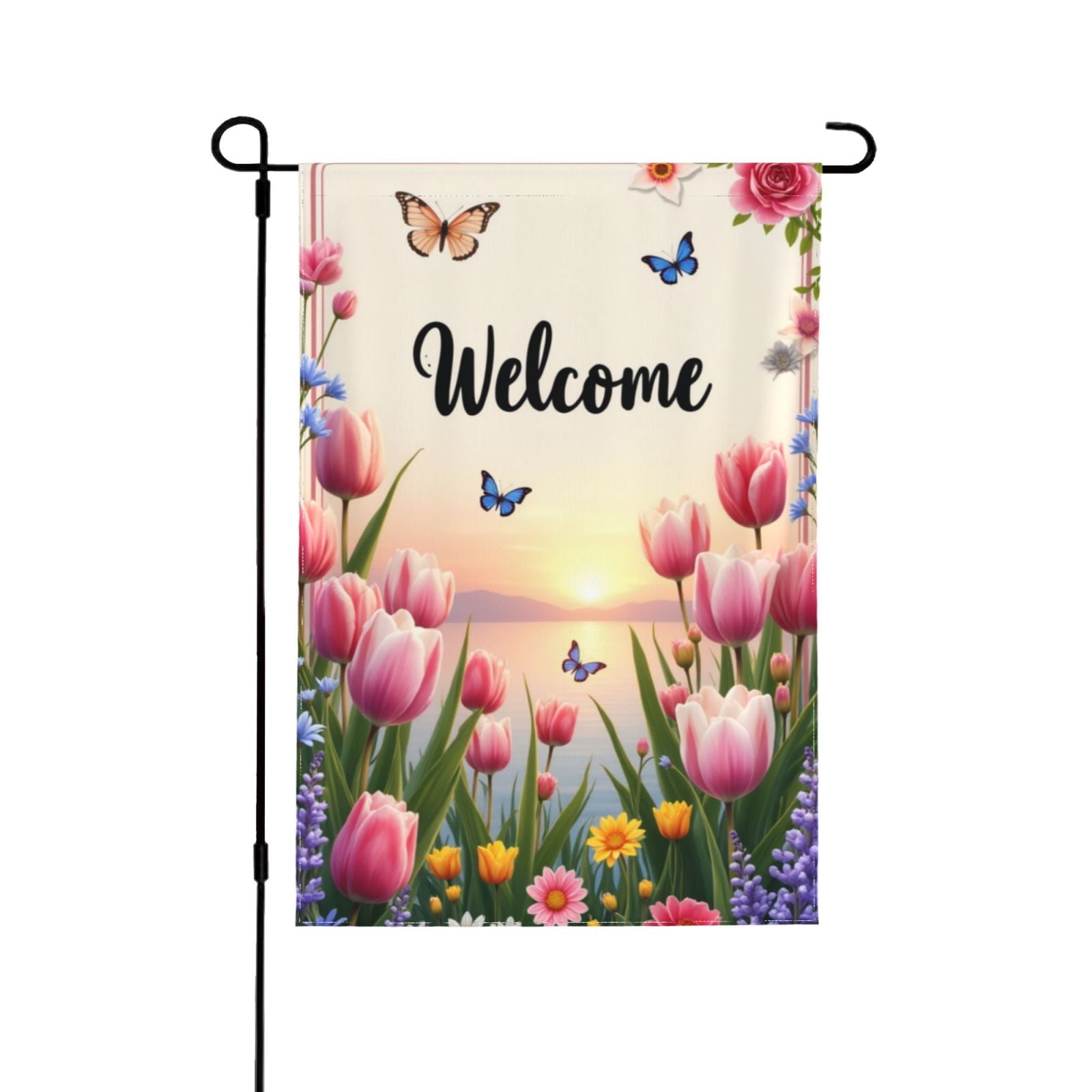 Spring Aummer Happy Garden Flag Welcome For Outside Pink Tulips And ...