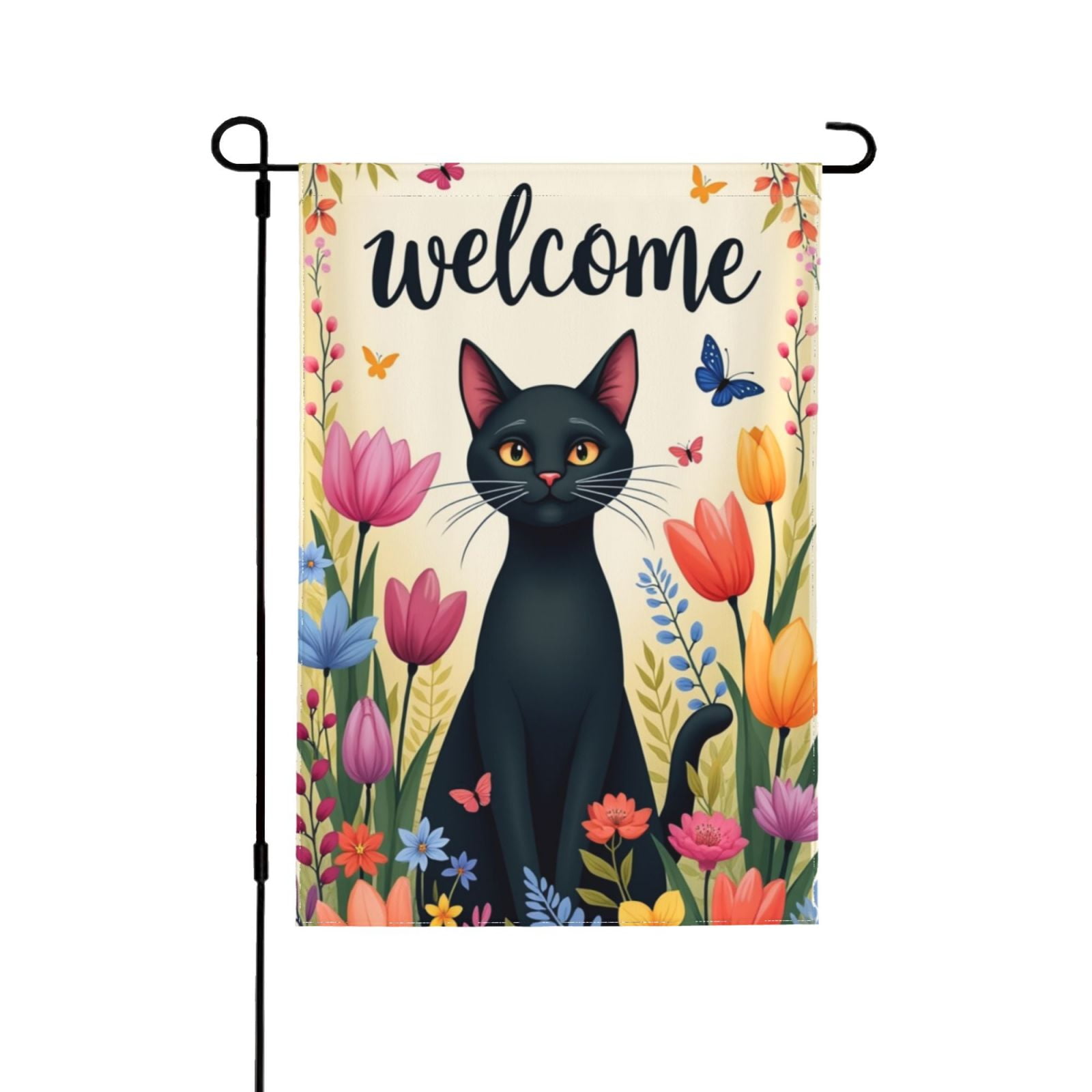 Spring Autumer Happy Black Cat Garden Flag Welcome For Outside Black ...