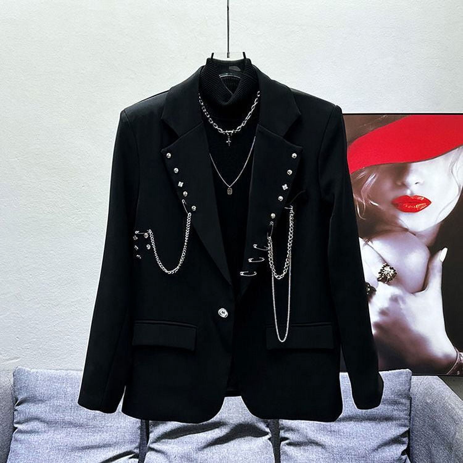 Spring Autumn Niche Chain Black Suit Jacket Fashion Men's Handsome High ...