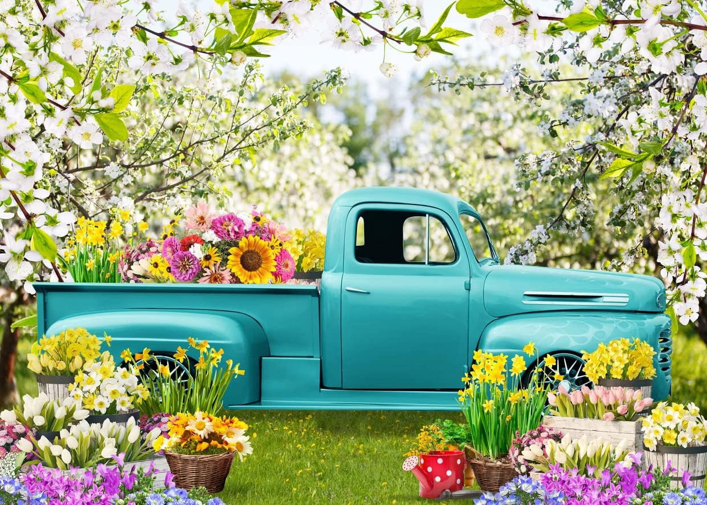 Spring Backdrop Flower Blue Truck Photo Backdrop Easter Garden ...