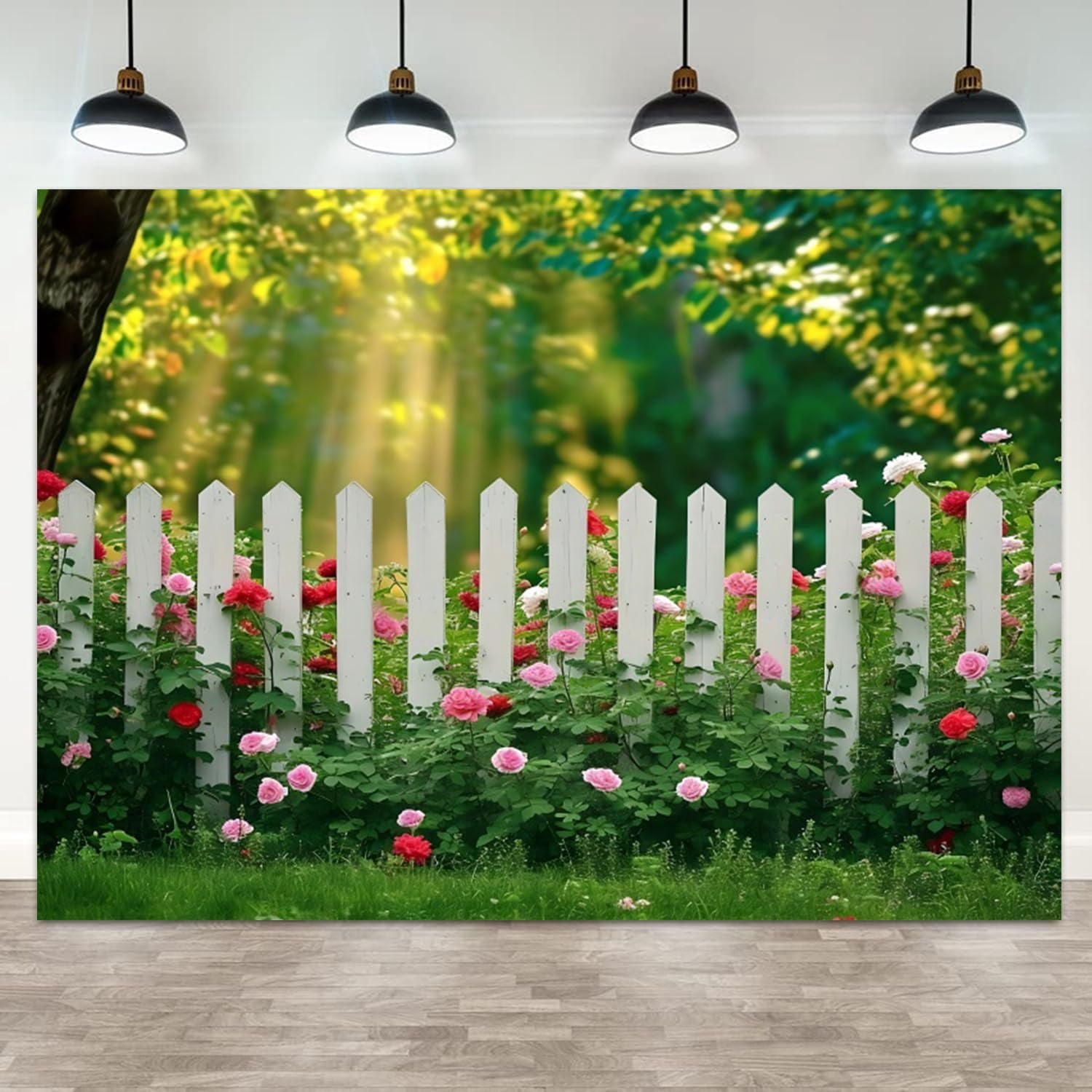 Spring Backdrop Green Grass White Fence Photography Background Sunshine ...