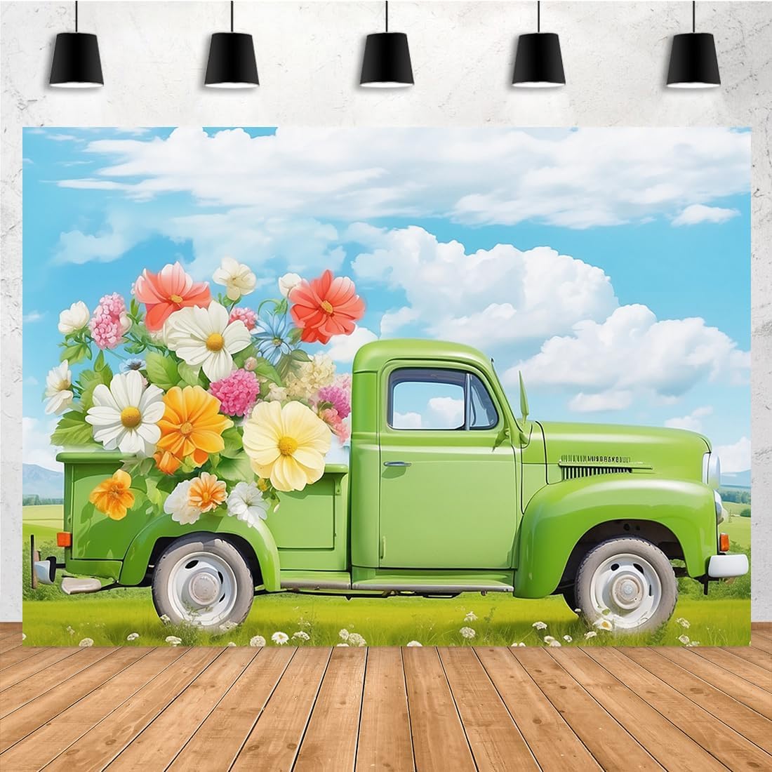 Spring Backdrop for Photography Spring Cloud Sky Green Truck with ...