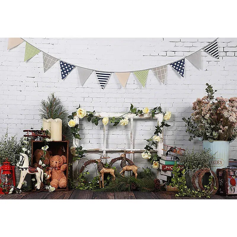 Spring Backdrop Photography Gard Gre Grass Toy Bear White Brick Wall ...