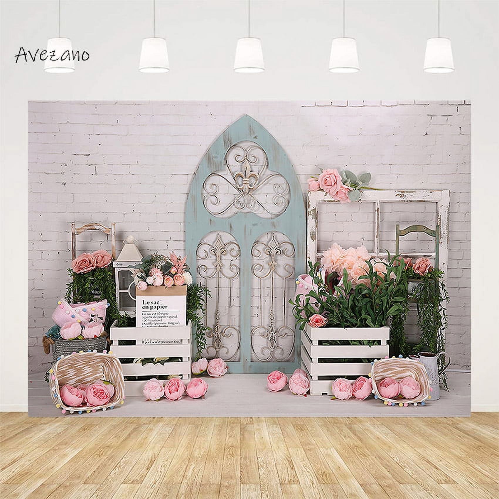 Spring Backdrop Photography Pink Flowers Wooden Door Brick Wall Girl ...