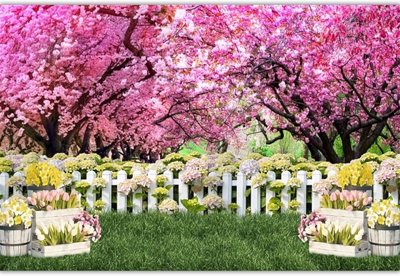 Spring Backdrop, Purple Forest Tree and Flower Fence Backdrop, Spring ...