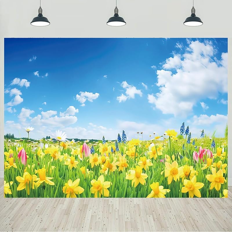 Spring Backdrop Spring Scene Flowers Sky Clouds Yellow Daffodils Pink ...