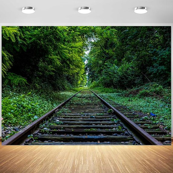 Spring Backdrop Train Track Green Forest Trees Photography Background ...