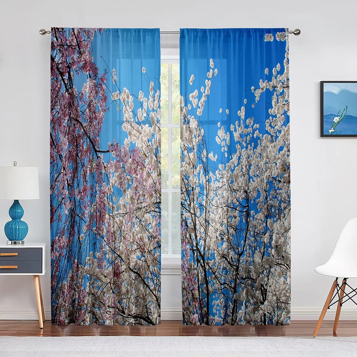 Spring Beautiful White Flowers Floral Sheer Voile Curtains for Bedroom ...