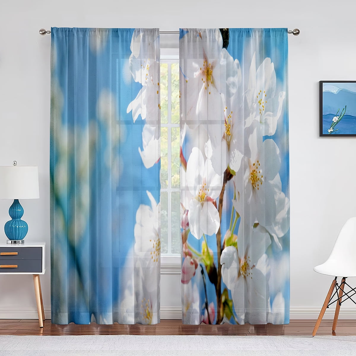 Spring Beautiful White Flowers Floral Sheer Voile Curtains for Bedroom ...