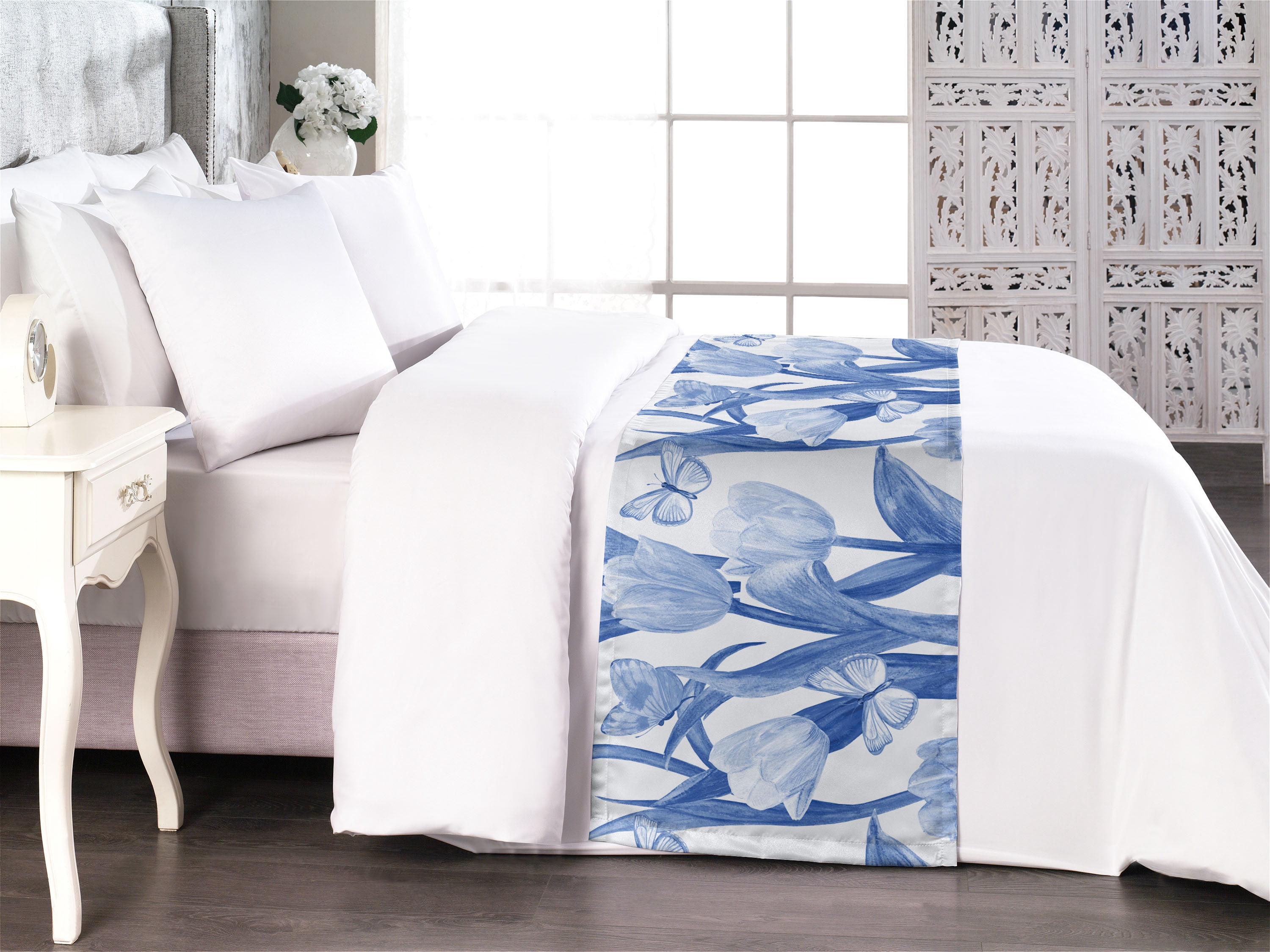 Spring Bed Runner, Monochrome Tulips Butterflies Watercolor ...